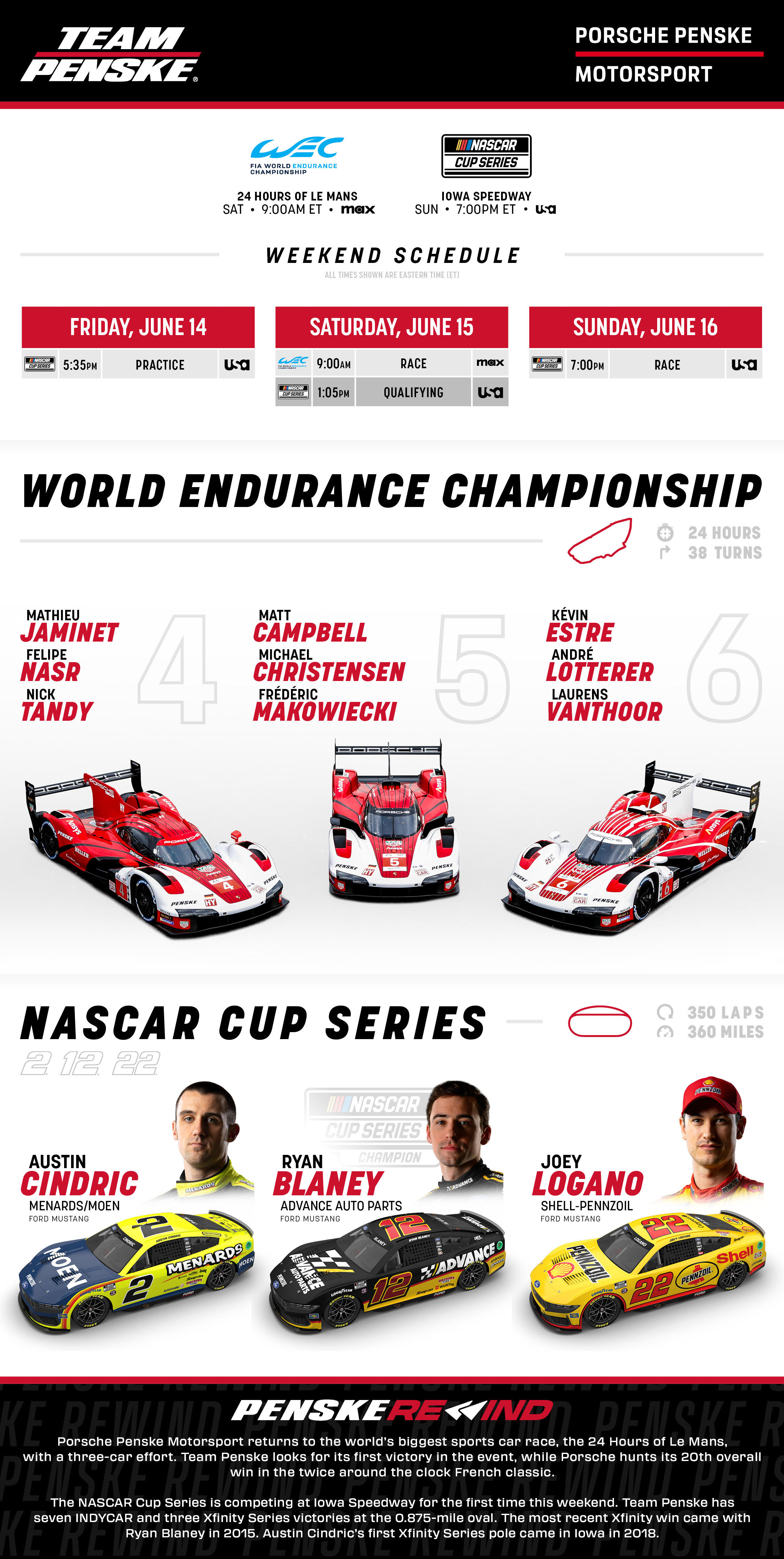 Team Penske | News | Tune In - 24 Hours of Le Mans (WEC) and Iowa (NASCAR)